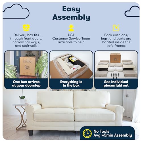 Serta Copenhagen Rolled Arm, Easy Care Polyester, Soft Pillow Back, Pocket Coil Seat Cushions, Removable Covers, Loveseat or Couch for Small Spaces, Living Rooms or Bedrooms, 73" Sofa, Buckwheat