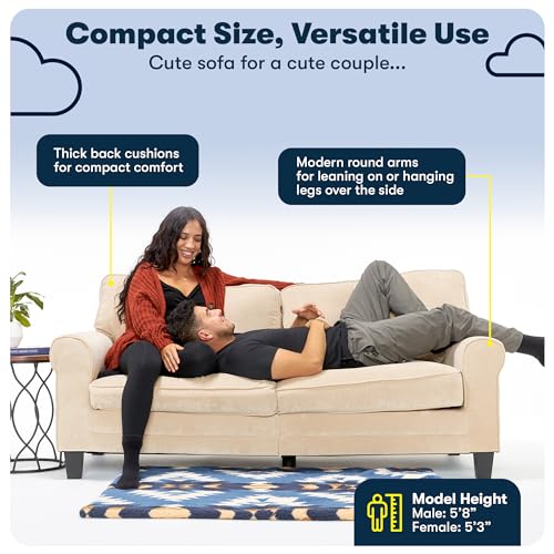 Serta Copenhagen Rolled Arm, Easy Care Polyester, Soft Pillow Back, Pocket Coil Seat Cushions, Removable Covers, Loveseat or Couch for Small Spaces, Living Rooms or Bedrooms, 73" Sofa, Buckwheat