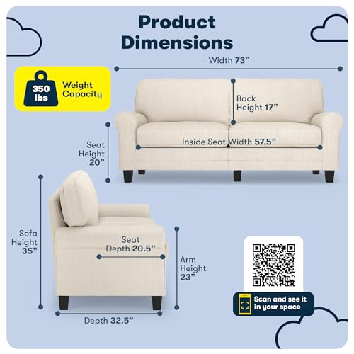 Serta Copenhagen Rolled Arm, Easy Care Polyester, Soft Pillow Back, Pocket Coil Seat Cushions, Removable Covers, Loveseat or Couch for Small Spaces, Living Rooms or Bedrooms, 73" Sofa, Buckwheat