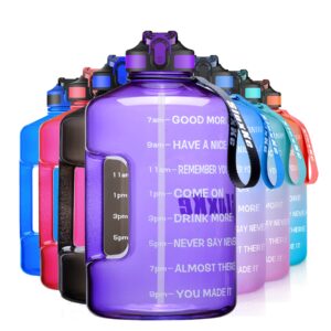 sluxke 1 gallon water bottle with straw cleaning brush, bpa free 128oz leak proof big water bottle jug with handle and time marker, one click open wide mouth sports huge bottle jug light purple