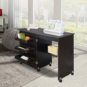 Usinso Folding Sewing Table Multifunctional Sewing Machine Cart Table Sewing Craft Cabinet Table with Storage Shelves Portable Rolling Sewing Desk Computer Desk with Lockable Casters(Dark Brown)