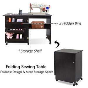 Usinso Folding Sewing Table Multifunctional Sewing Machine Cart Table Sewing Craft Cabinet Table with Storage Shelves Portable Rolling Sewing Desk Computer Desk with Lockable Casters(Dark Brown)