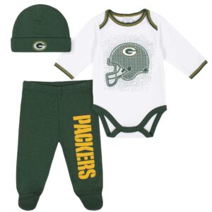 gerber nfl green bay packers 3 pack bodysuit footed pant and cap registry gift set, green/white green bay packers, 0-3m