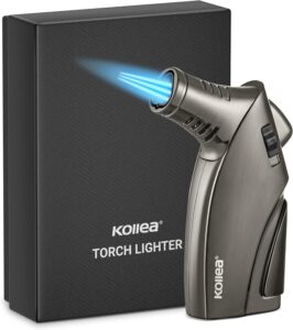 kollea torch lighter, triple jet flame butane lighter with punch and safety lock, refillable and windproof pocket lighter, cool great gift idea for men (butane gas not included)