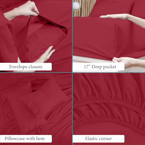 Bunny's Home Twin Sheet Set Burgundy 100% Egyptian Cotton Sheets 1000 Thread Count Sheets 4 Piece Hotel Luxury Bed Sheets Sateen Weave 17 Inch Deep Pocket Fitted Sheet, Flat Sheet & 2 Pillowcases