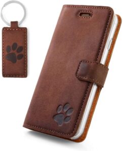 surazo phone wallet for iphone se (2020) case - premium genuine leather folio cover with rfid blocking & kickstand - flip case with 3 card slot & paw motif - handmade in eu for apple iphone se (2020)