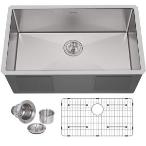 hykolity 32-inch kitchen sink, 16 gauge undermount single bowl stainless steel kitchen sink with strainer & bottom grid, 32" x 19" x 9"