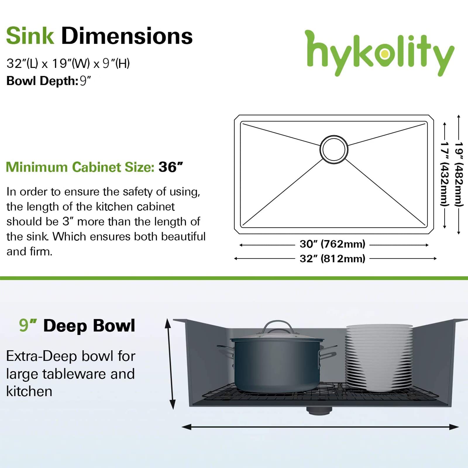 Hykolity 32-inch Kitchen Sink, 16 Gauge Undermount Single Bowl Stainless Steel Kitchen Sink with Strainer & Bottom Grid, 32" x 19" x 9"