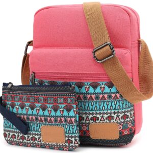 Leaper Girls Crossbody Purses 2 PCS Vintage Messenger Bag Canvas Crossbody Bag and Purse Set for Women Light Red