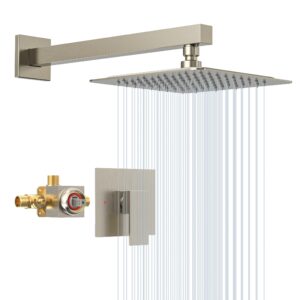 suncleanse shower faucet set with valve, 8 inch square shower head and handle set, single handle shower trim kit with extra long shower arm, brushed nickel