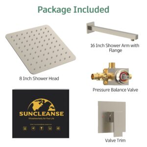 SunCleanse Shower Faucet Set with Valve, 8 Inch Square Shower Head and Handle Set, Single Handle Shower Trim Kit with Extra Long Shower Arm, Brushed Nickel