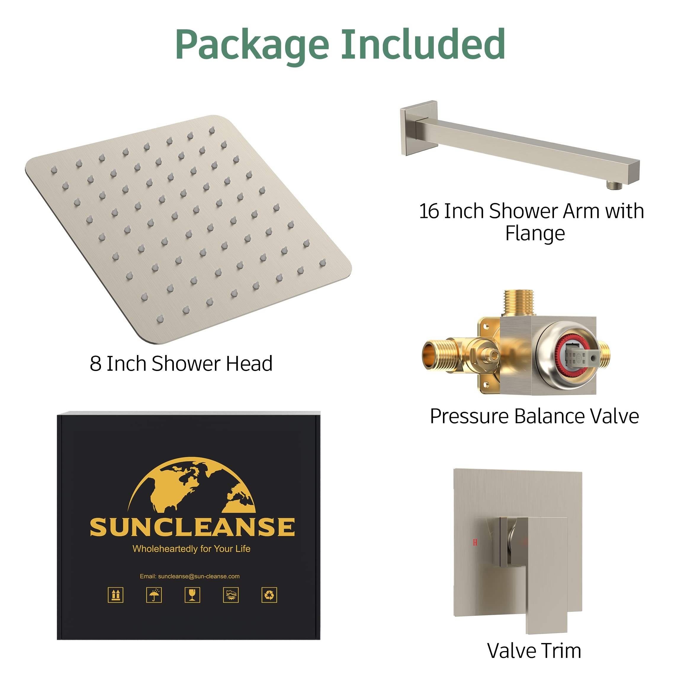 SunCleanse Shower Faucet Set with Valve, 8 Inch Square Shower Head and Handle Set, Single Handle Shower Trim Kit with Extra Long Shower Arm, Brushed Nickel