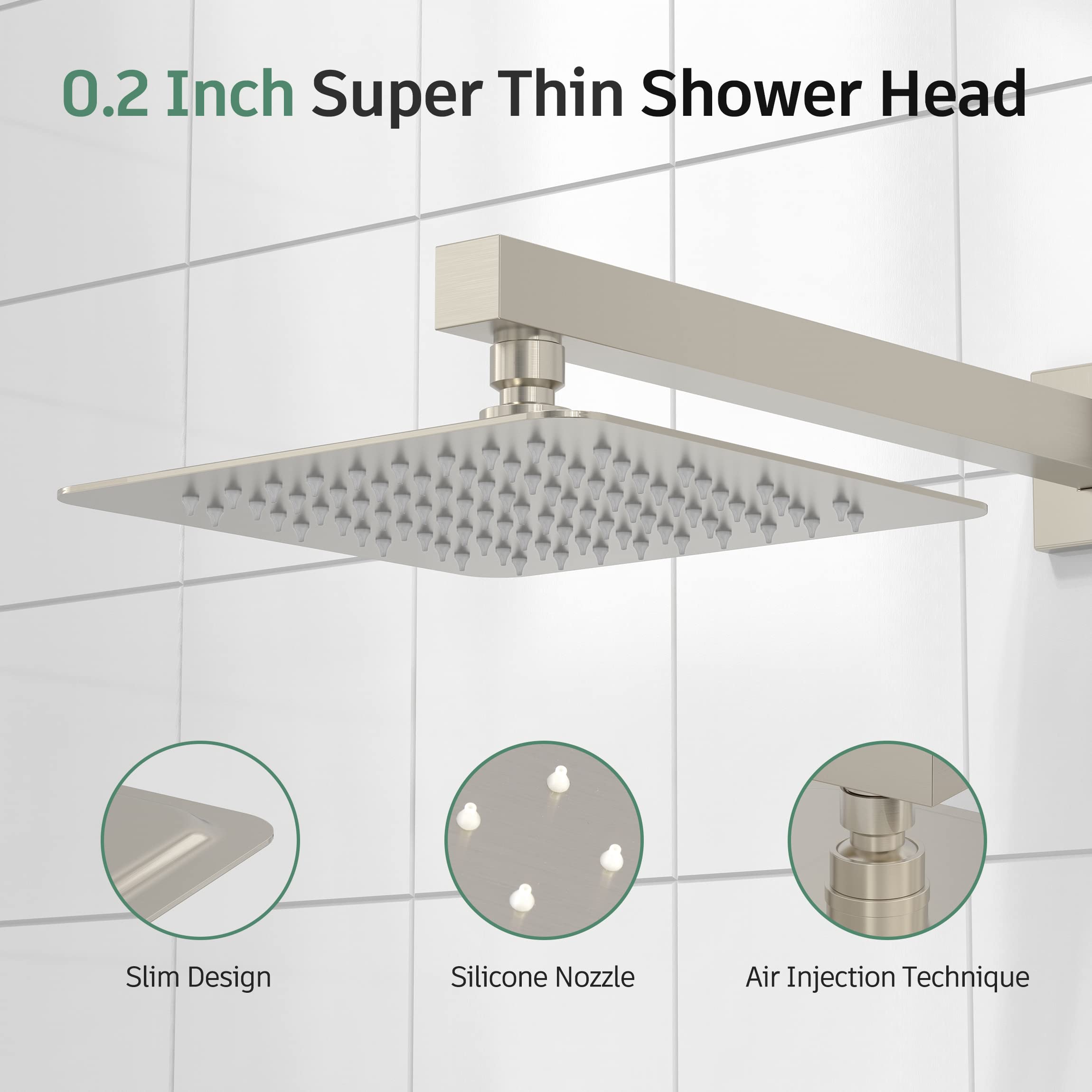 SunCleanse Shower Faucet Set with Valve, 8 Inch Square Shower Head and Handle Set, Single Handle Shower Trim Kit with Extra Long Shower Arm, Brushed Nickel