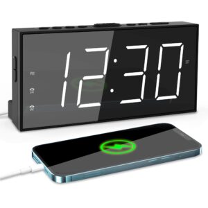 digital alarm clock, 7.5" led big number clock for bedroom with 2 alarms,usb charging port,battery backup,dimmer,adjustable volume,12/24h,simple plug in digital clock for home bedside desk nightstand