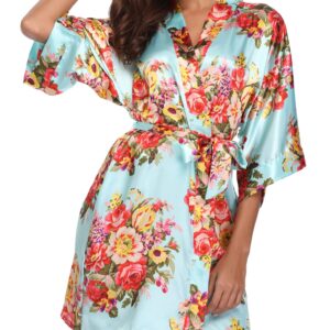 ABC-STAR Women's Floral Kimono Robes Short Satin Bathrobe Silky Sleepwear Dressing Gown for Wedding Getting Ready