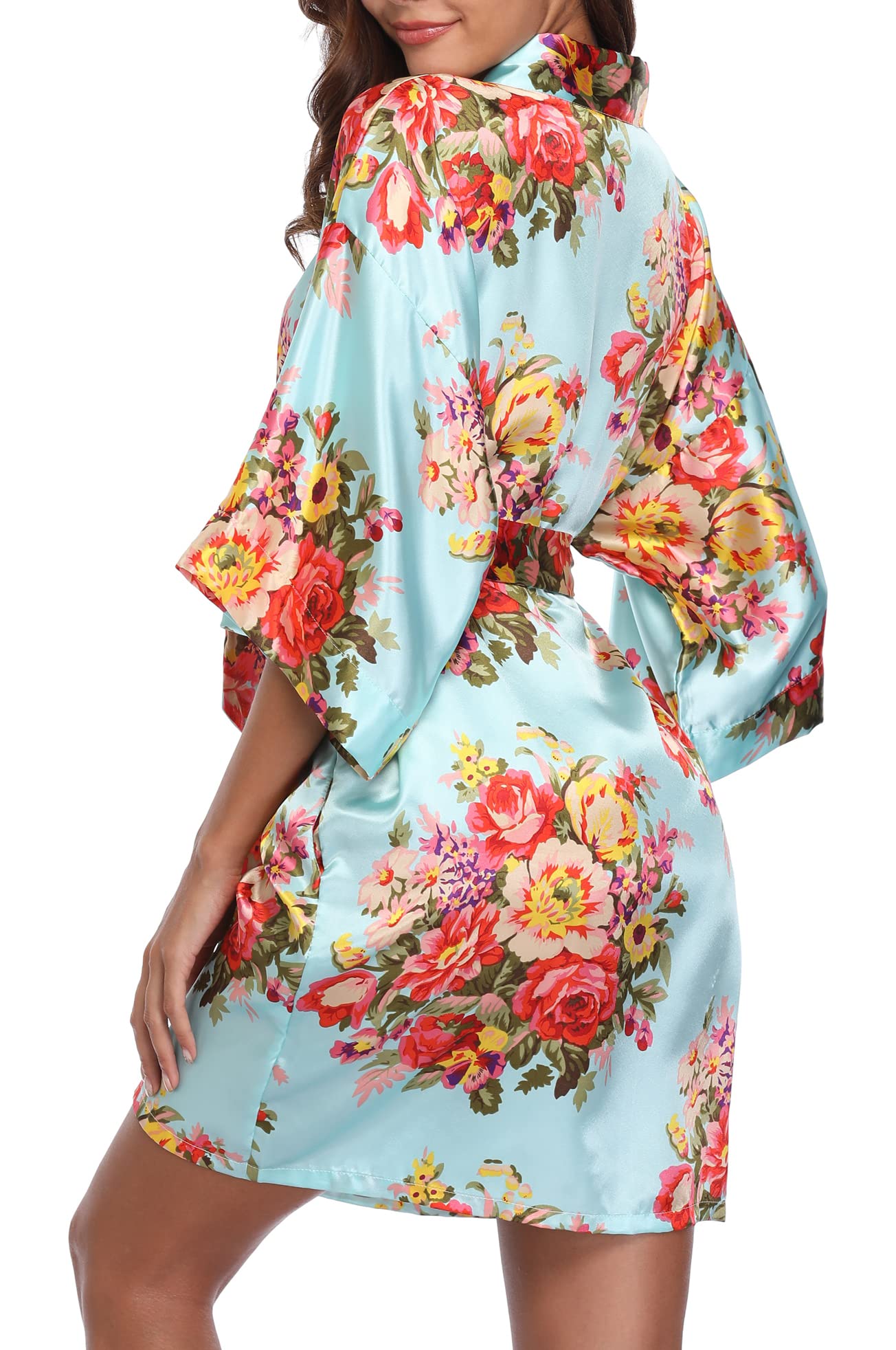 ABC-STAR Women's Floral Kimono Robes Short Satin Bathrobe Silky Sleepwear Dressing Gown for Wedding Getting Ready