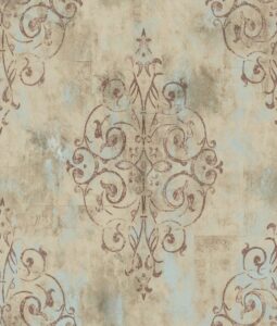 haokhome 94005-3 vintage french damask peel and stick wallpaper 17.7in x 9.8ft deep yellow/mist blue/brown vinyl self adhesive wall paper design for walls bathroom bedroom home decor