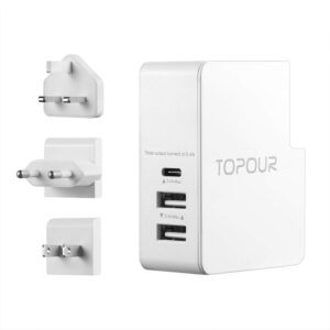 usb c plug, topour travel plug, usb and usb c multiport charger, type c plug, universal worldwide travel adapter, 27w usb-c plug wall charger for apple iphone 11 pro/xs max/xr/x/8,samsung galaxy,ipad