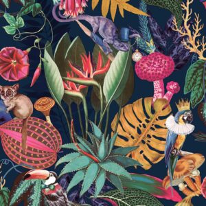 wonderland tropical exotic fantasy themed animal plant flower printed wallpaper colourful chameleon toucan tropical foliage flowers navy blue holden wow035