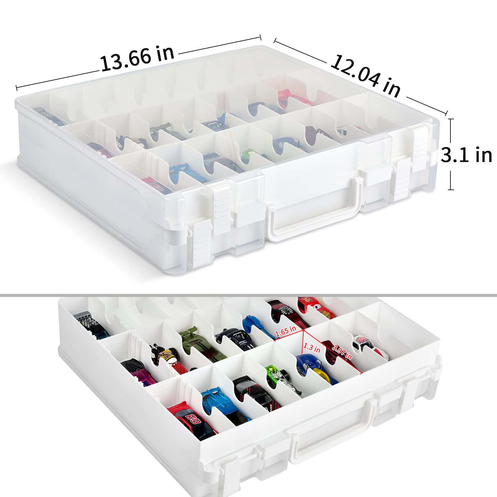 ALCYON Double Sided Toy Storage Organizer Case for Hot Wheels Car, for Matchbox Cars, for Mini Toys, for Small Dolls. Carrying Box Container Carrier with 48 Compartments - Upgrade (Box Only)