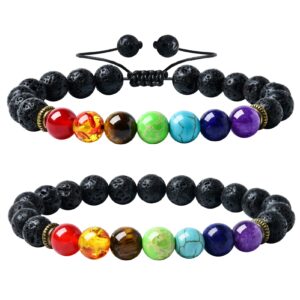 hedqfm 2 pcs chakra bracelets lava rock stone aromatherapy essential oil diffuser bracelet adjustable woven bracelet and elastic rope bracelet for men and women (chakra b)