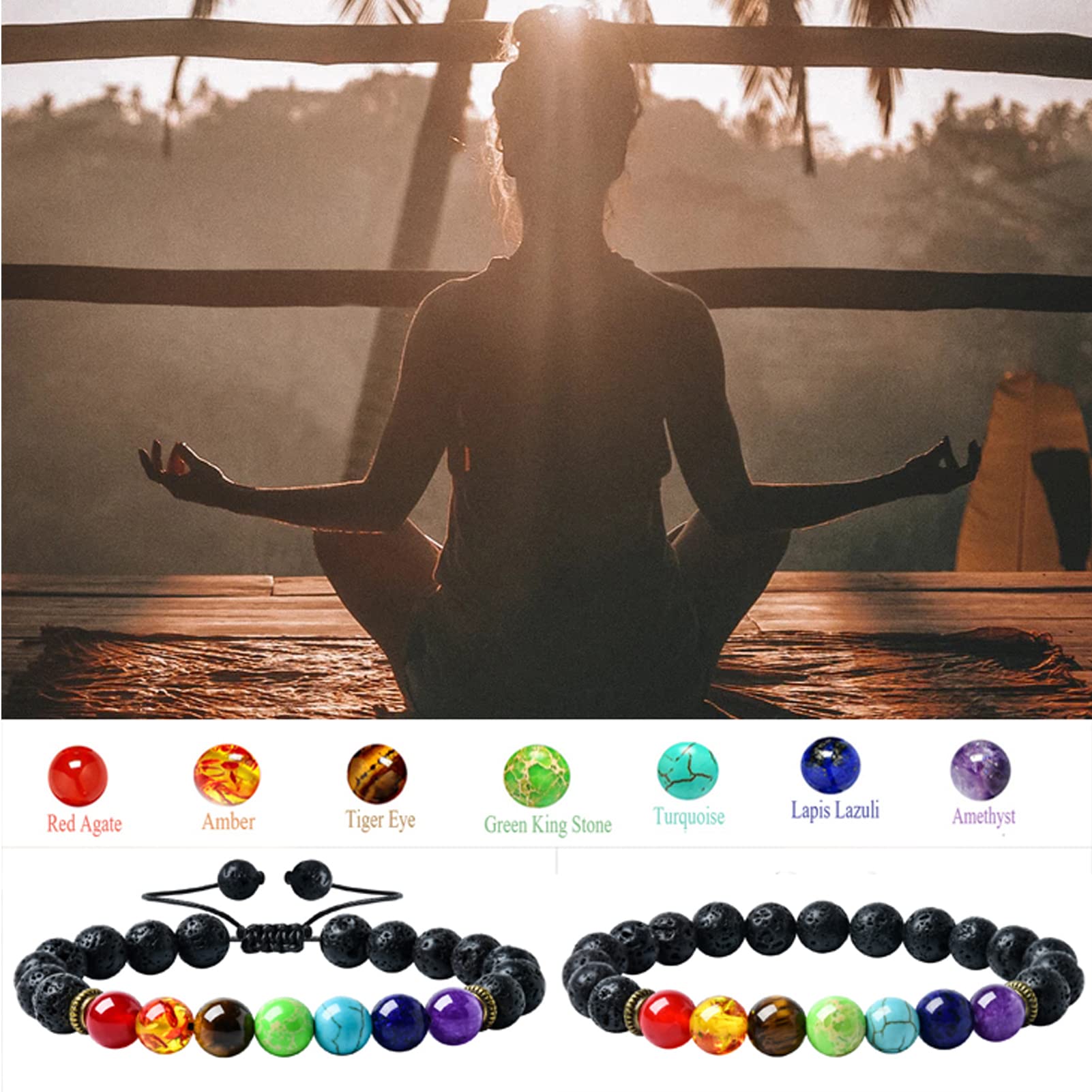 HEDQFM 2 PCS Chakra Bracelets Lava Rock Stone Aromatherapy Essential Oil Diffuser Bracelet Adjustable Woven Bracelet and Elastic Rope Bracelet for Men and Women (Chakra B)