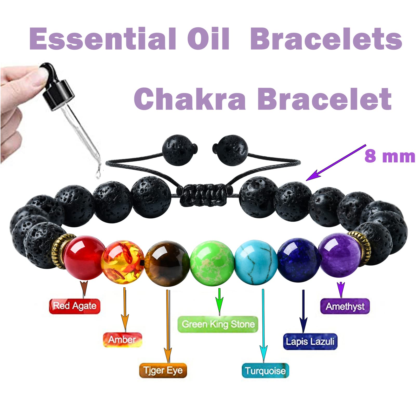 HEDQFM 2 PCS Chakra Bracelets Lava Rock Stone Aromatherapy Essential Oil Diffuser Bracelet Adjustable Woven Bracelet and Elastic Rope Bracelet for Men and Women (Chakra B)