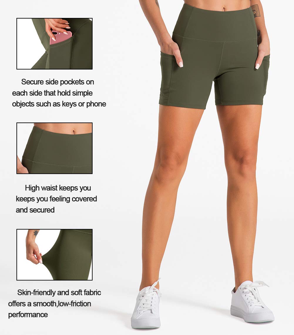 Dragon Fit High Waist Yoga Shorts for Women with 2 Side Pockets Tummy Control Running Home Workout Shorts (Large, Olive Green)