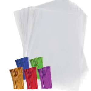 Purple Q Crafts Clear Plastic Cellophane Bags with 4" Colored Twist Ties for Gifts Party Favors (9"x12" 50 Pack)