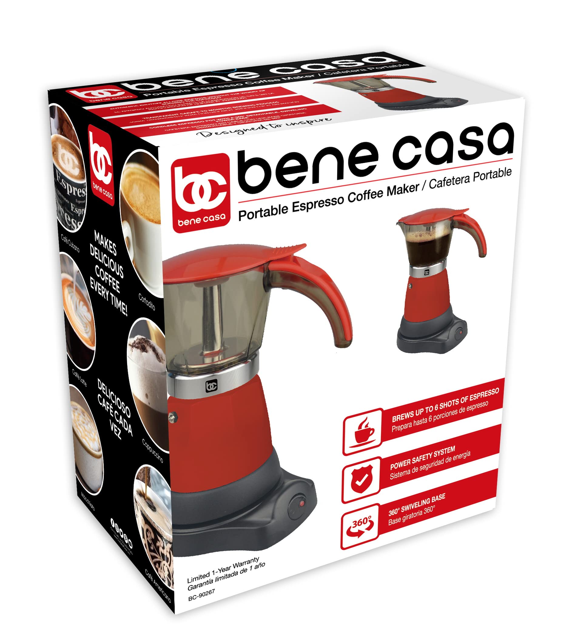 Bene Casa Red Portable Electric Espresso Maker 3 or 6 Cups/Cafetera Roja Portable Electrica Espresso de 3 o 6 Tasas