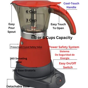 Bene Casa Red Portable Electric Espresso Maker 3 or 6 Cups/Cafetera Roja Portable Electrica Espresso de 3 o 6 Tasas