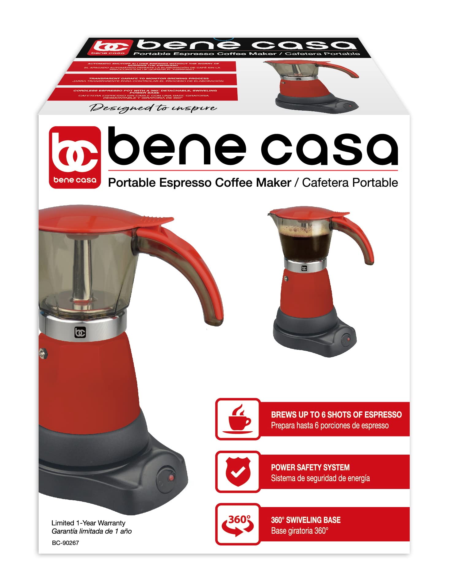 Bene Casa Red Portable Electric Espresso Maker 3 or 6 Cups/Cafetera Roja Portable Electrica Espresso de 3 o 6 Tasas