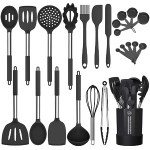 silicone cooking utensil set, fungun non-stick kitchen utensil 24 pcs cooking utensils set, heat resistant cookware, silicone kitchen tools gift with stainless steel handle (black-24pcs)