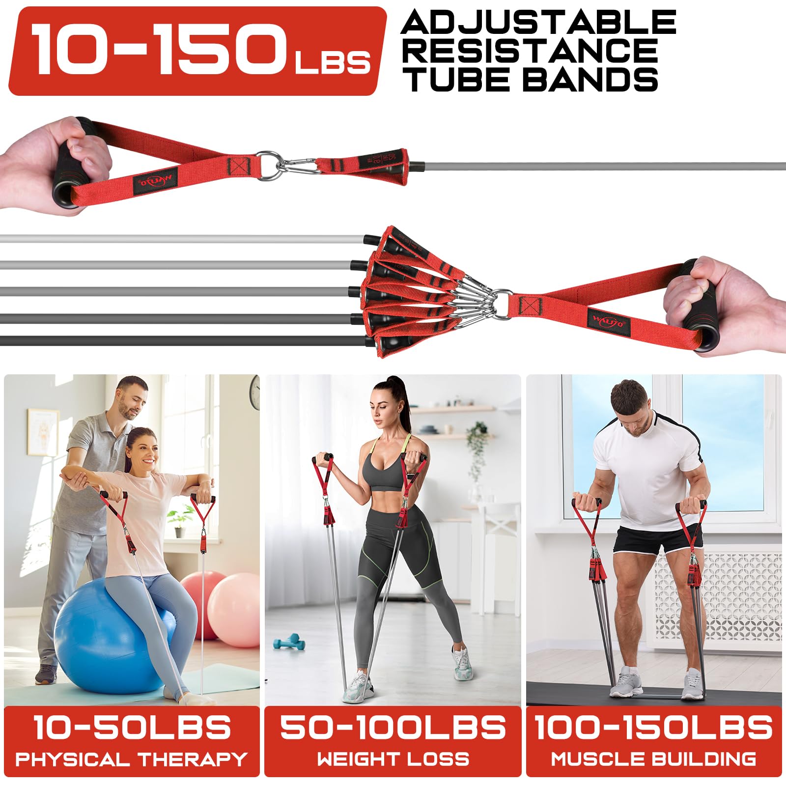 WALITO Resistance Bands Set - Exercise Bands with Handles, Door Anchor, Legs Ankle Straps, for Heavy Resistance Training, Physical Therapy, Muscle Training, Yoga, Home Workouts