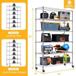 Metal Storage Shelves 82"x48"x18" Wire Shelving Unit w/Wheels, 2100 LBS Heavy Duty Industrial Utility Steel Storage Rack, 6 Tier NSF UltraDurable Shelf Organizer Racks for Garage Kitchen Storage