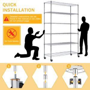 Metal Storage Shelves 82"x48"x18" Wire Shelving Unit w/Wheels, 2100 LBS Heavy Duty Industrial Utility Steel Storage Rack, 6 Tier NSF UltraDurable Shelf Organizer Racks for Garage Kitchen Storage