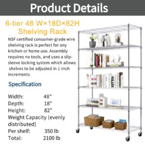 Metal Storage Shelves 82"x48"x18" Wire Shelving Unit w/Wheels, 2100 LBS Heavy Duty Industrial Utility Steel Storage Rack, 6 Tier NSF UltraDurable Shelf Organizer Racks for Garage Kitchen Storage