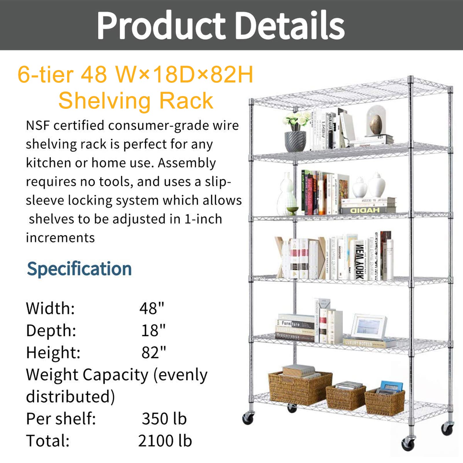 Metal Storage Shelves 82"x48"x18" Wire Shelving Unit w/Wheels, 2100 LBS Heavy Duty Industrial Utility Steel Storage Rack, 6 Tier NSF UltraDurable Shelf Organizer Racks for Garage Kitchen Storage