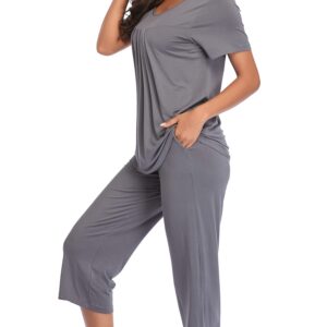 COLORFULLEAF Womens Pajama Sets Summer Pjs Lounge Sets for Women Soft Sleepwear Top and Capri Pants with Pockets (Deep Grey, L)