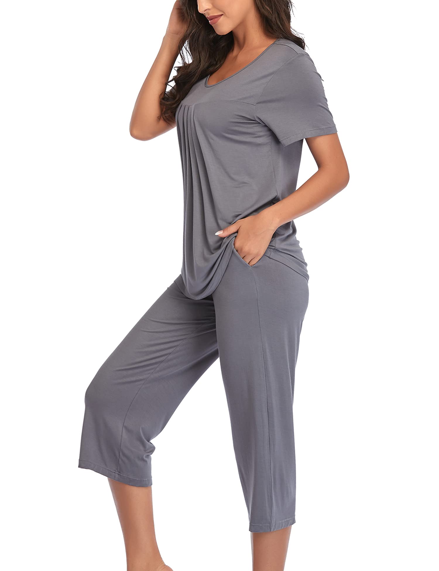 COLORFULLEAF Womens Pajama Sets Summer Pjs Lounge Sets for Women Soft Sleepwear Top and Capri Pants with Pockets (Deep Grey, L)