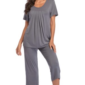 COLORFULLEAF Womens Pajama Sets Summer Pjs Lounge Sets for Women Soft Sleepwear Top and Capri Pants with Pockets (Deep Grey, L)