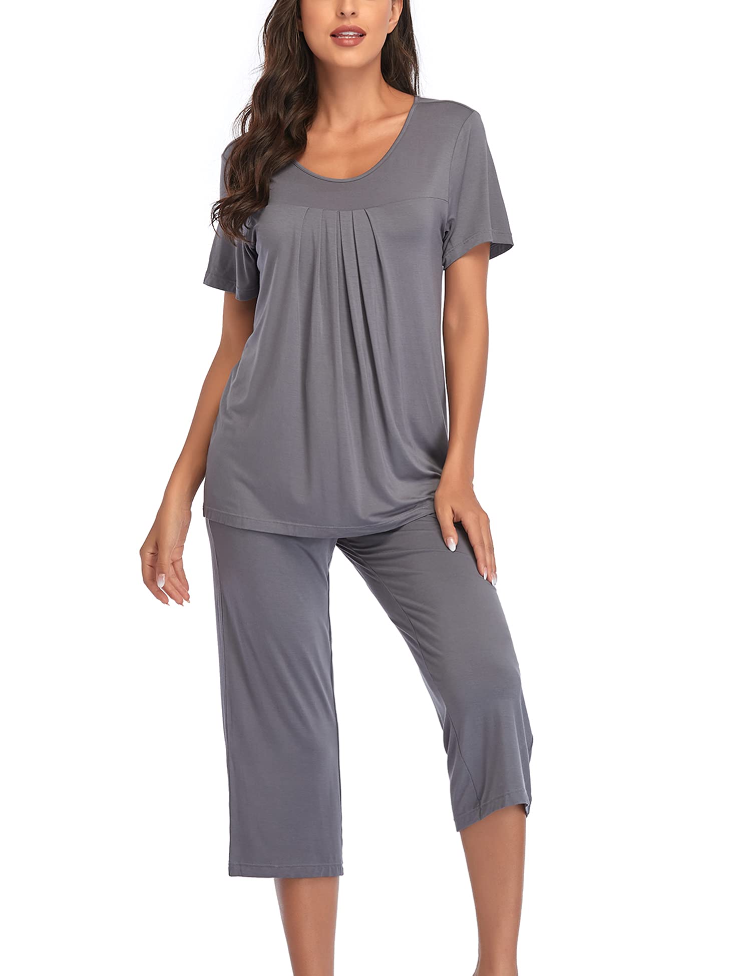 COLORFULLEAF Womens Pajama Sets Summer Pjs Lounge Sets for Women Soft Sleepwear Top and Capri Pants with Pockets (Deep Grey, L)