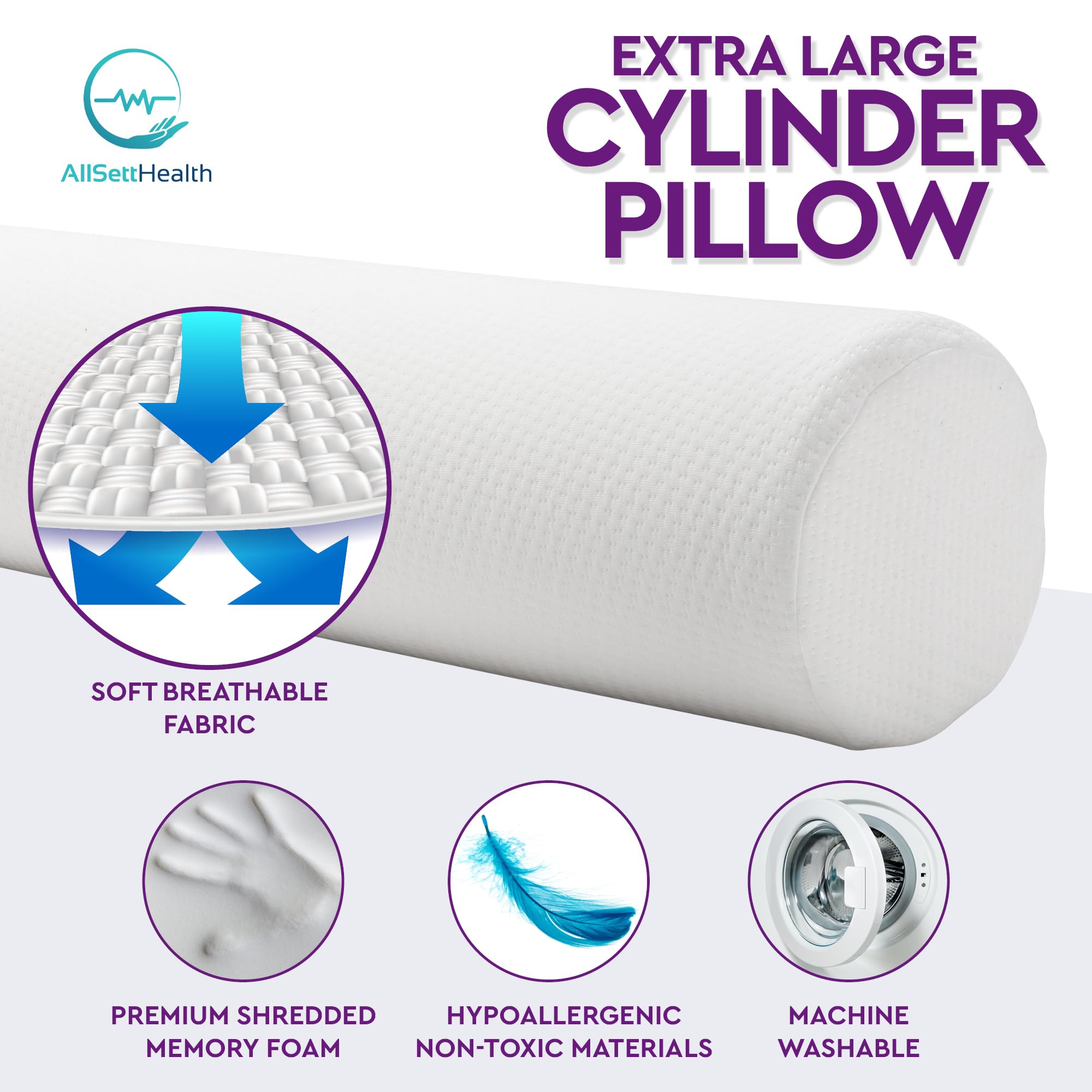 AllSett Health XXL Memory Foam Round Cervical Roll Cylinder Bolster Body Pillow with Removable Washable Cover | Ergonomically Designed Back, Neck and Spine Relief, 47” in Long x 7.5” Wide