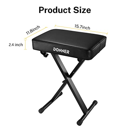 Donner Piano Bench, Adjustable Keyboard Bench Portable Stool Collapsible Chair Foldable Seat X-Style, 2.4 Inch Thickness High-Density Sponge Padded, Non-Skid Design, Black