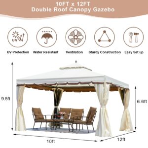 Erommy 10' x 12' Outdoor Canopy Gazebo, Double Roof Patio Gazebo Steel Frame with Netting and Shade Curtains for Garden, Patio, Party Canopy, Cream