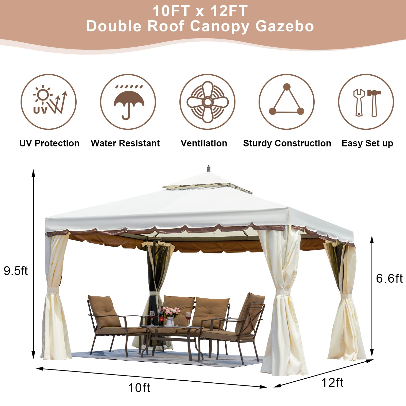 Erommy 10' x 12' Outdoor Canopy Gazebo, Double Roof Patio Gazebo Steel Frame with Netting and Shade Curtains for Garden, Patio, Party Canopy, Cream