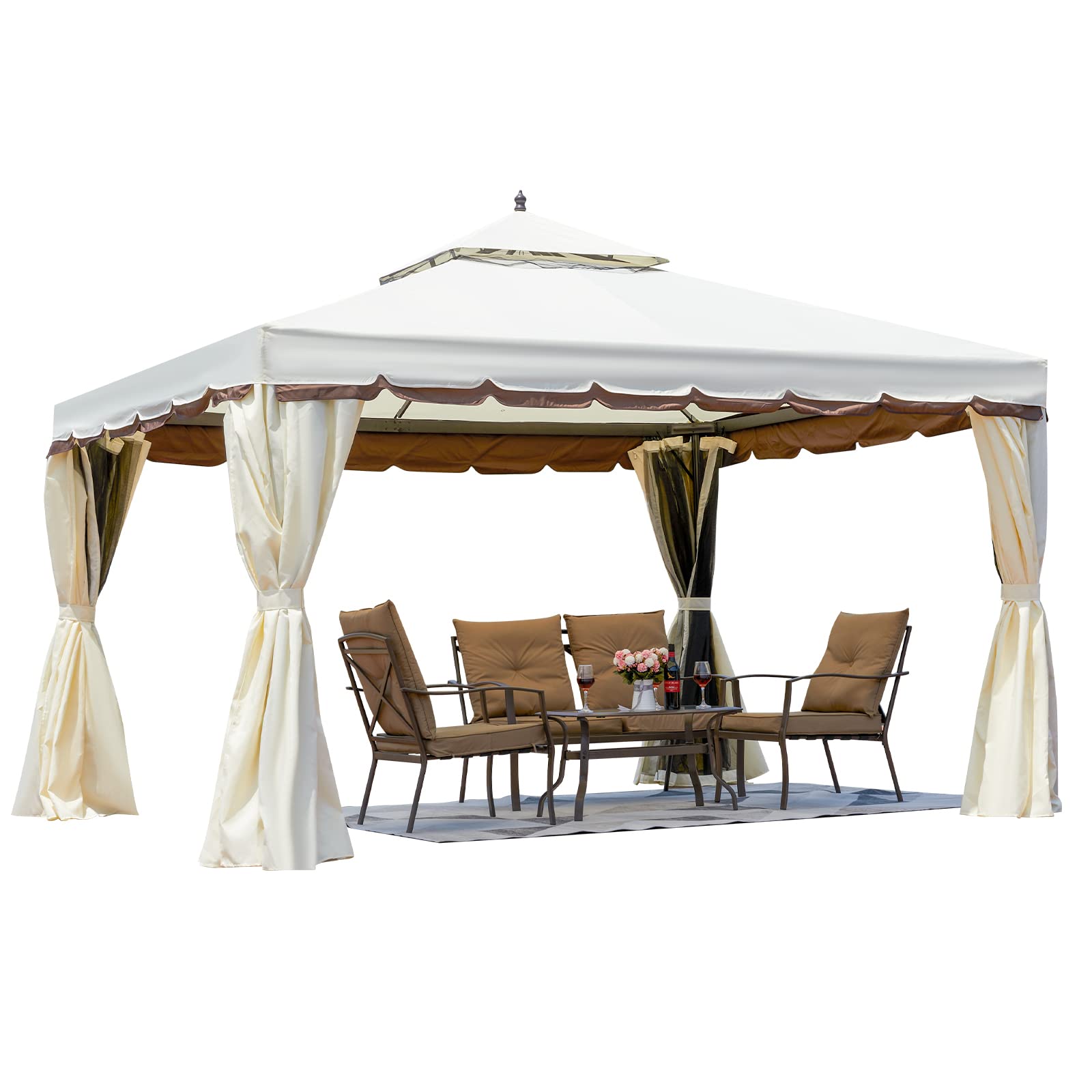 Erommy 10' x 12' Outdoor Canopy Gazebo, Double Roof Patio Gazebo Steel Frame with Netting and Shade Curtains for Garden, Patio, Party Canopy, Cream