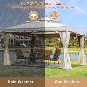 Erommy 10' x 12' Outdoor Canopy Gazebo, Double Roof Patio Gazebo Steel Frame with Netting and Shade Curtains for Garden, Patio, Party Canopy, Cream