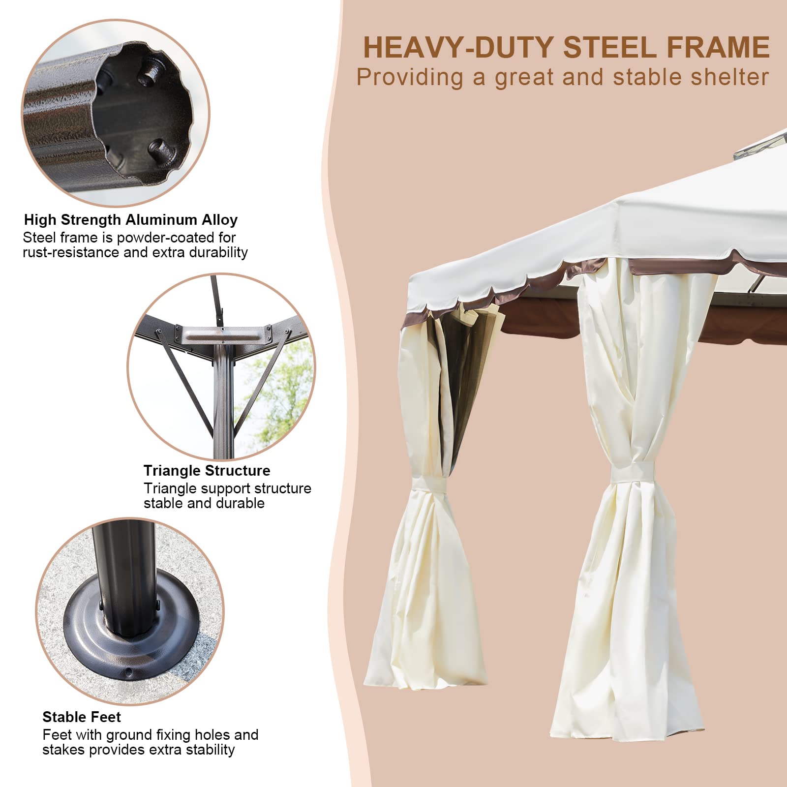 Erommy 10' x 12' Outdoor Canopy Gazebo, Double Roof Patio Gazebo Steel Frame with Netting and Shade Curtains for Garden, Patio, Party Canopy, Cream