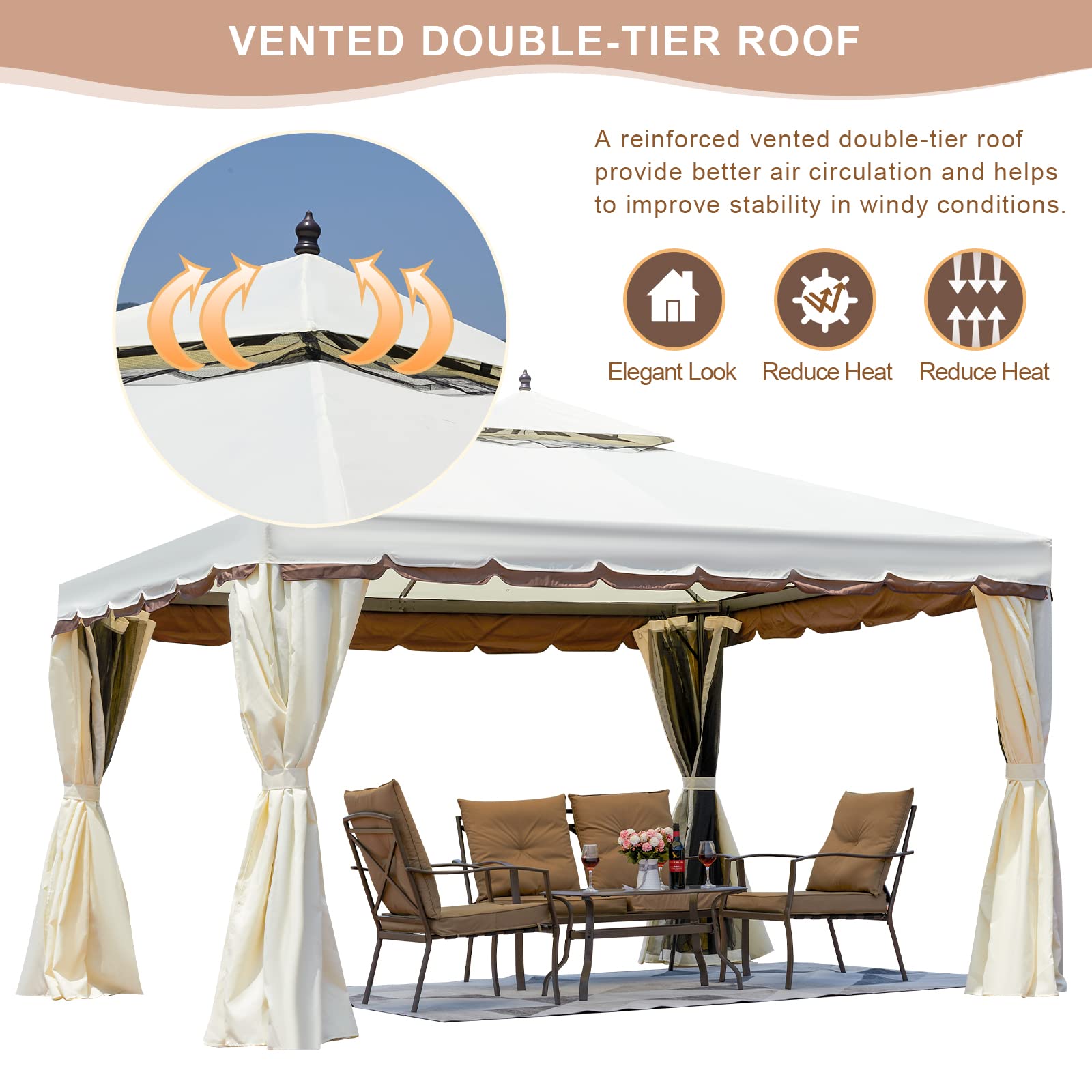 Erommy 10' x 12' Outdoor Canopy Gazebo, Double Roof Patio Gazebo Steel Frame with Netting and Shade Curtains for Garden, Patio, Party Canopy, Cream